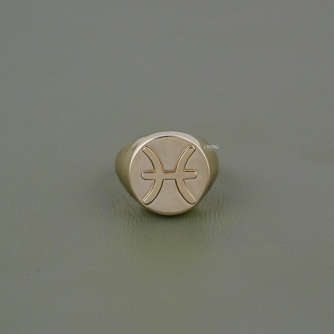 Pisces Zodiac Unisex Signet Ring / 14K Yellow Gold Astrology Ring ...