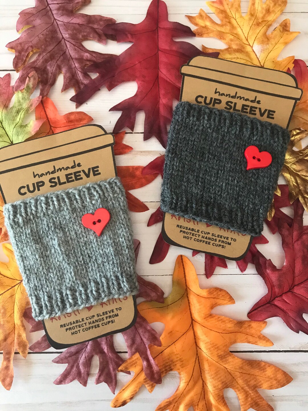 Hand- Knit Cup Cozy: Reusable Coffee Sleeve With Red Heart Button - Etsy