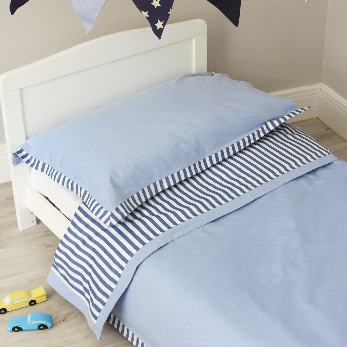 Reversible Blue Stripe & Chambray Duvet Cover Pillowcase Set - Cot Bed ...