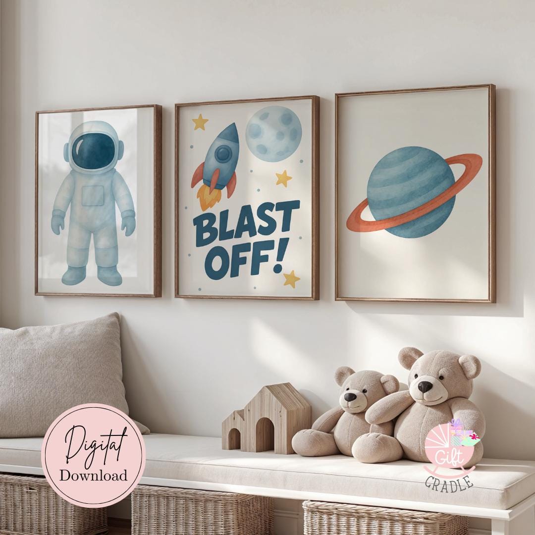 Outer Space Nursery Art | Set of 3 Astronaut and Rocketship Toddler ...