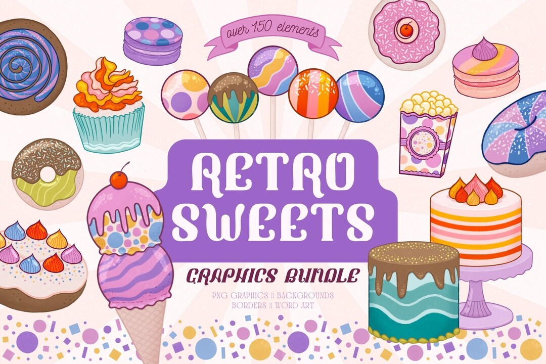 Retro Sweets Clip Art Bundles - Over 150 PNG Files and Coordinating ...
