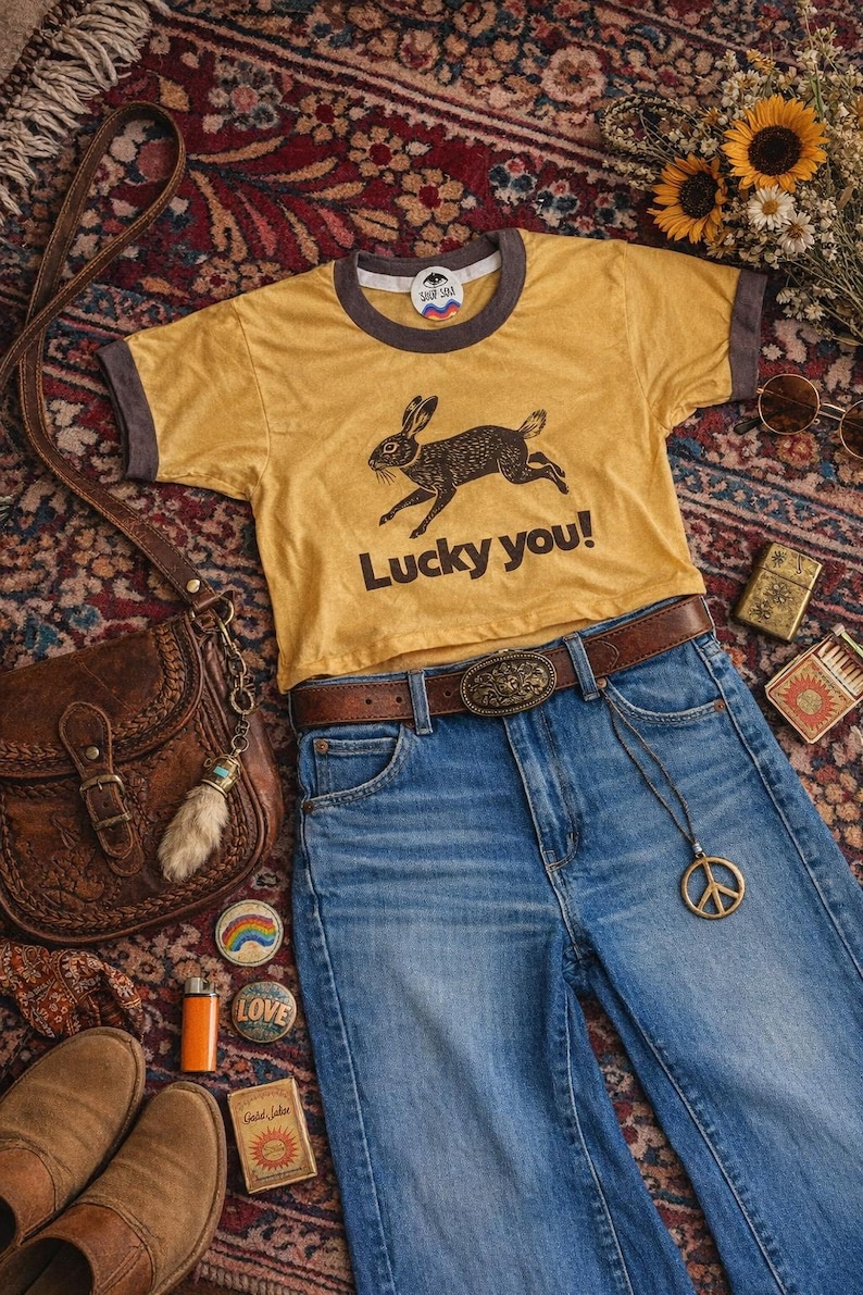 Lucky You! Cropped Ringer Tee - Vintage 70s Rabbit Graphic - Etsy