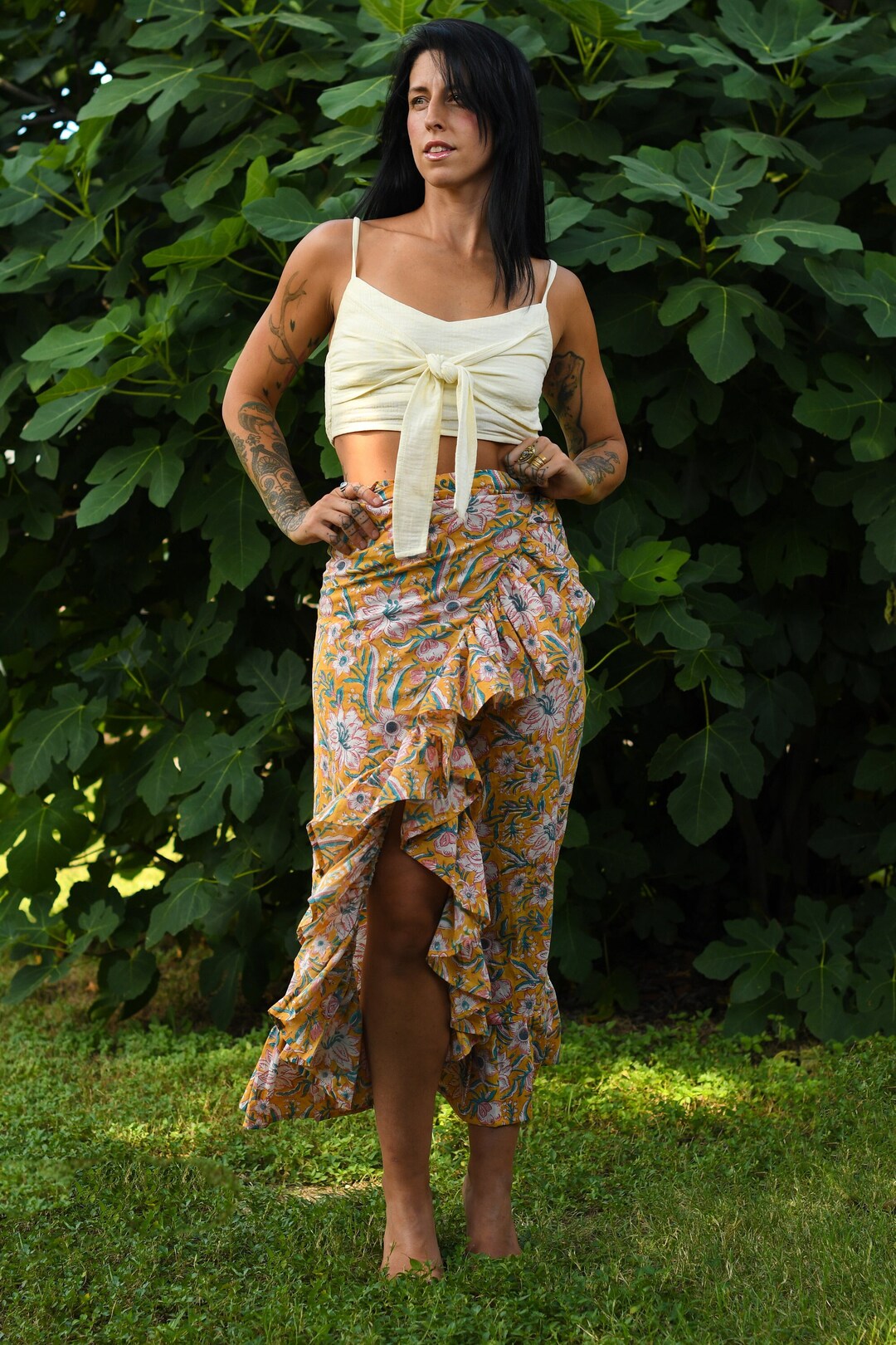 Yellow Floral Ruffle Wrap Skirt - Made From Cotton - Block Print Fabric ...