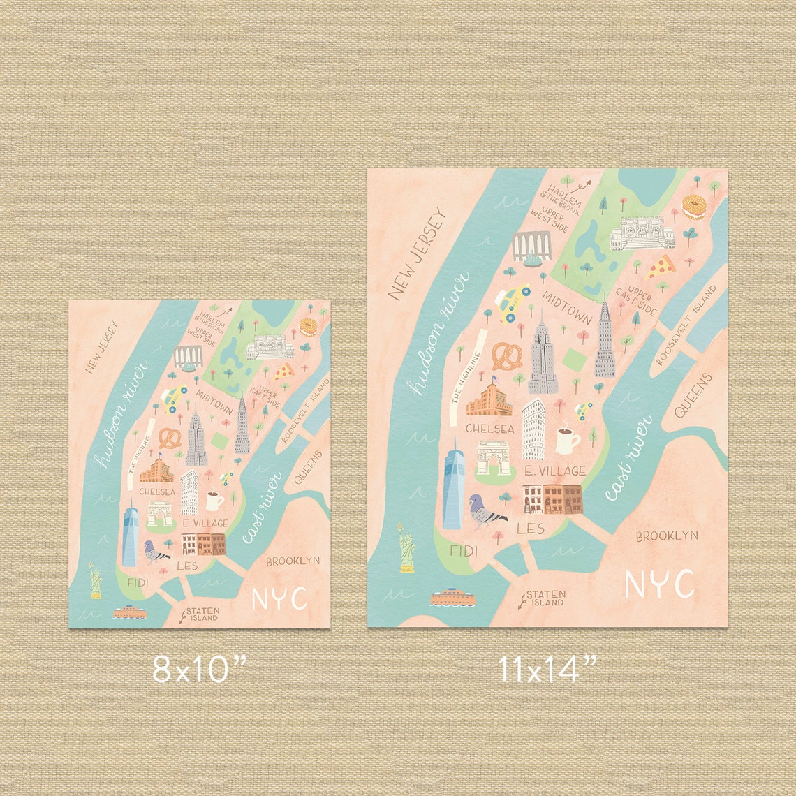 NYC Manhattan Map Print 8x10 or 11x14 | Etsy