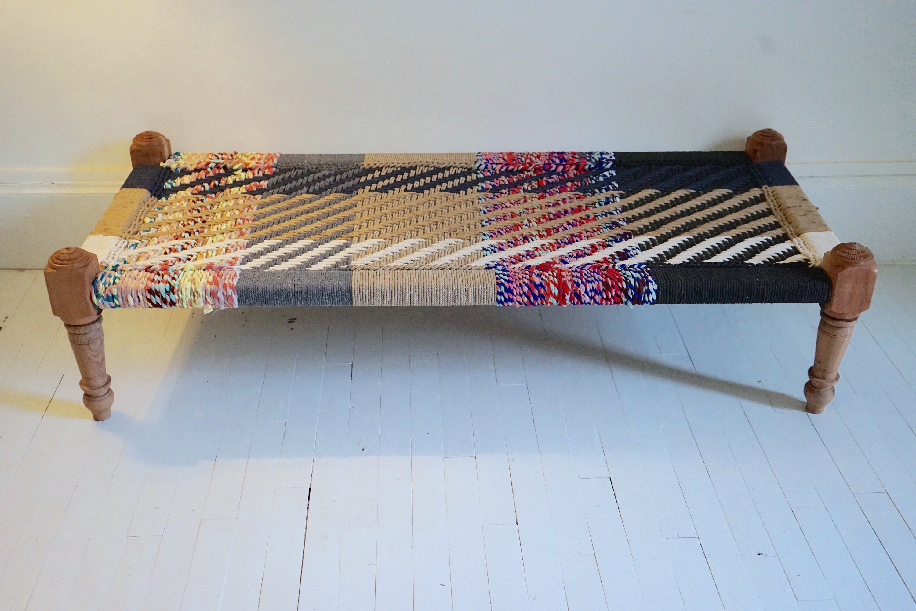 Charpoy 190 X 90 Cm, Black and White Woven Cotton Rope, Light Wood ...