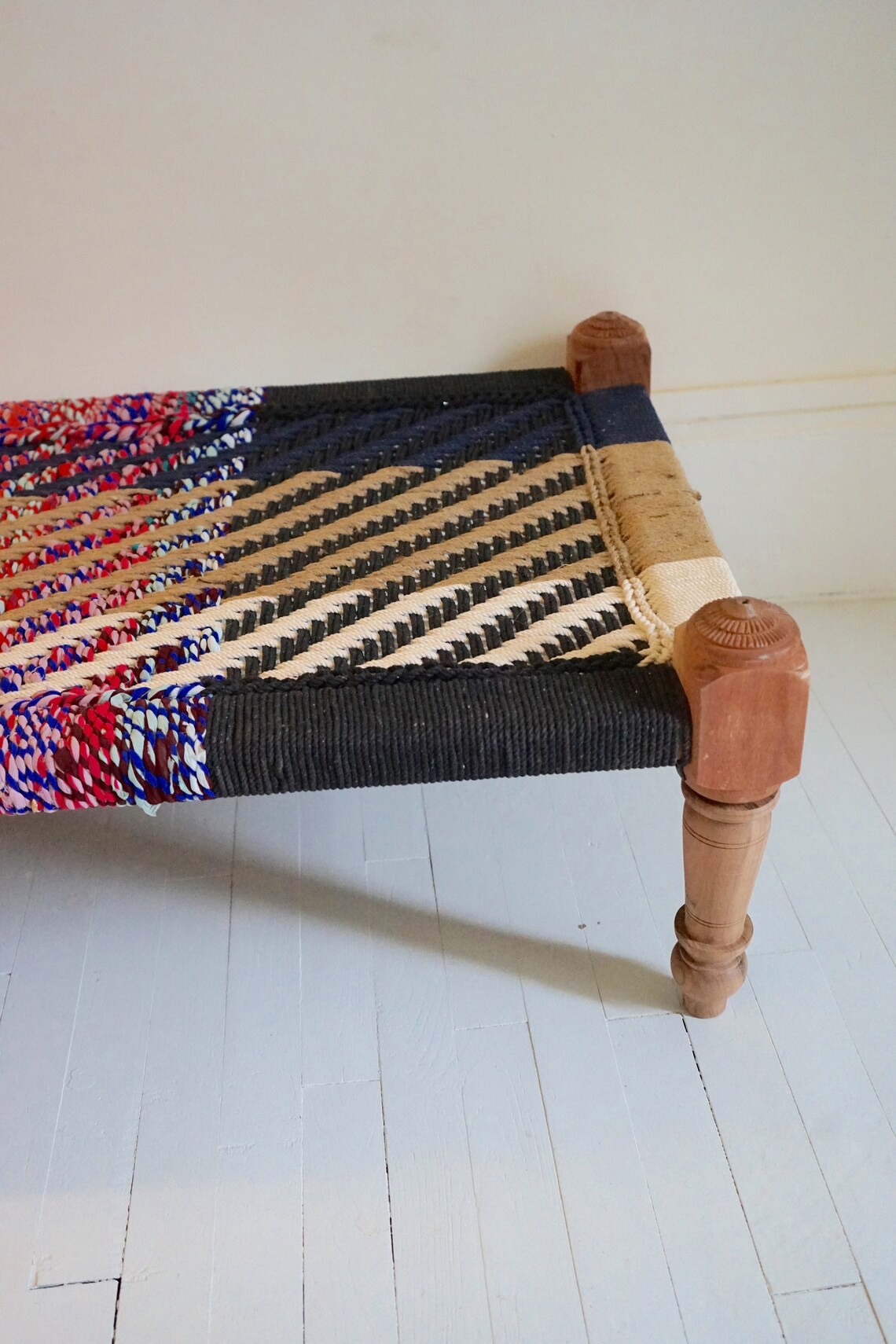 Charpoy 190 X 90 Cm, Black and White Woven Cotton Rope, Light Wood ...