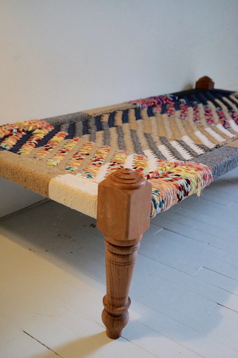 Charpoy 190 X 90 Cm, Black and White Woven Cotton Rope, Light Wood ...