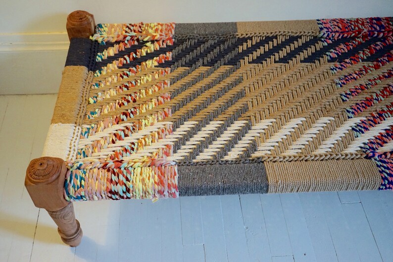 Charpoy 190 X 90 Cm, Black and White Woven Cotton Rope, Light Wood ...