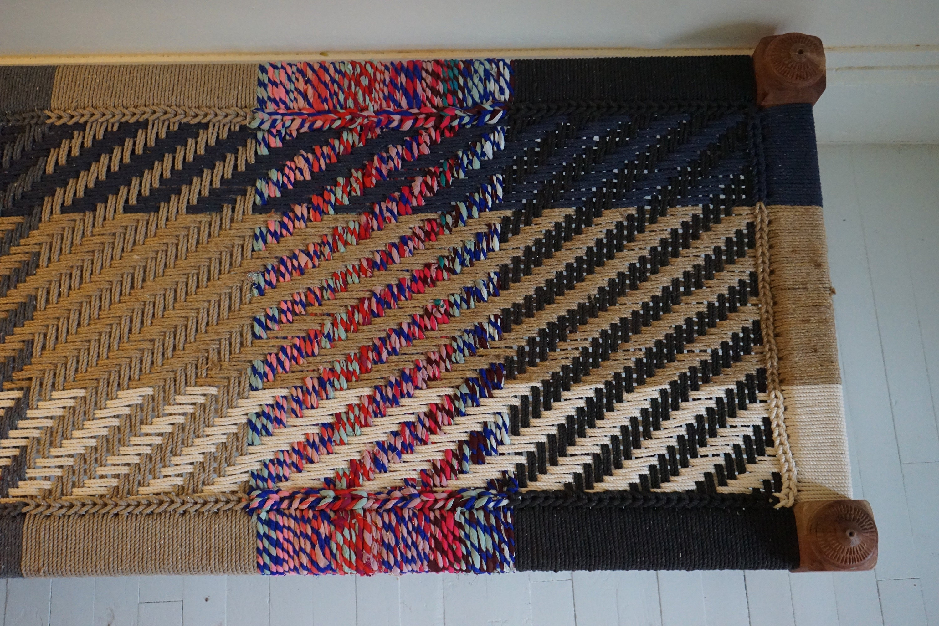 Charpoy 190 X 90 Cm, Black and White Woven Cotton Rope, Light Wood ...