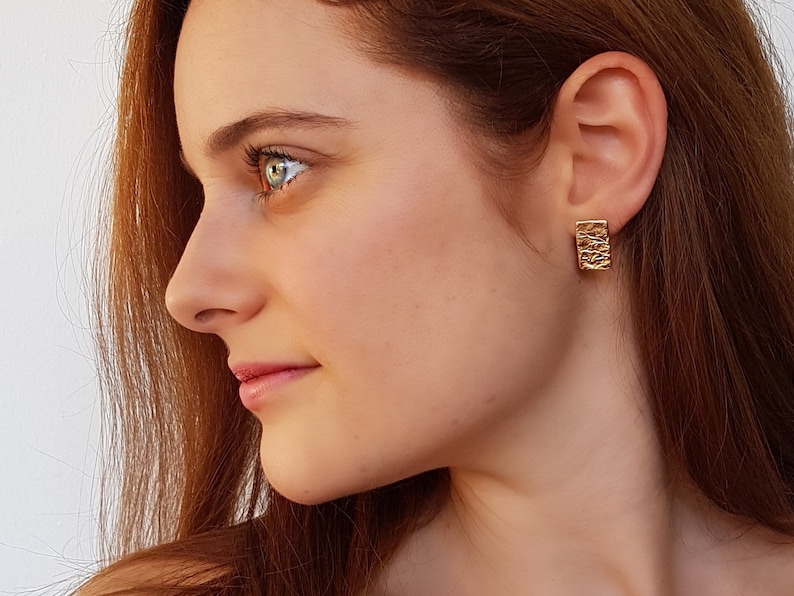 Gold Stud Earrings, Everyday Square Shaped Earrings, 18K Gold Textured ...