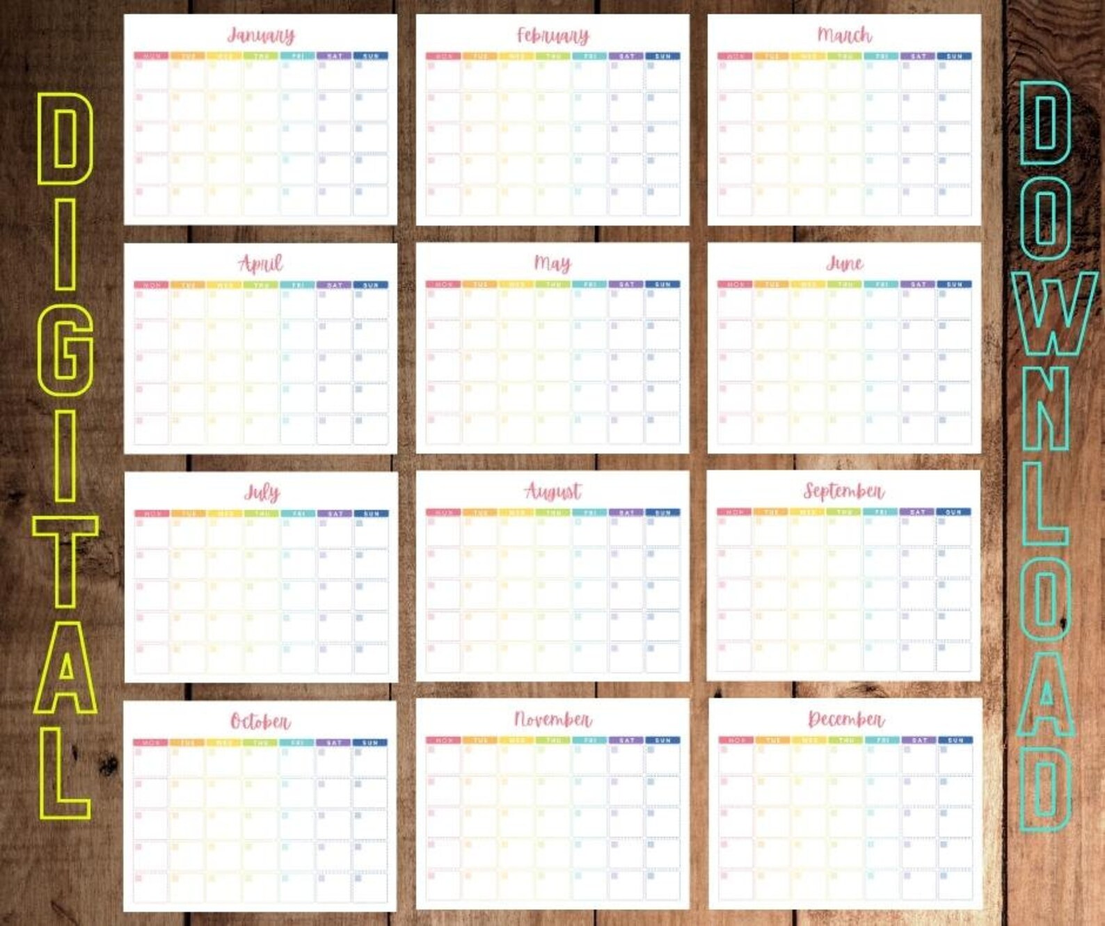 Printable Calendar Rainbow Color - Etsy