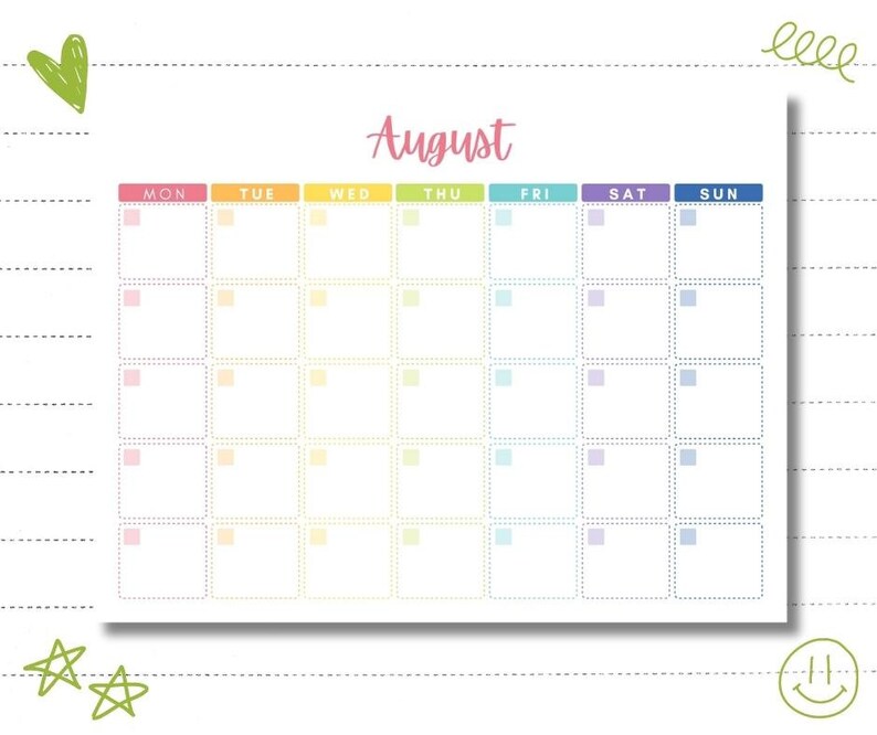 Printable Calendar Rainbow Color - Etsy