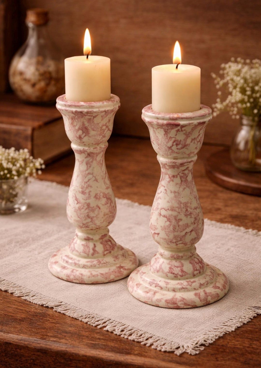Vintage Jacquelyne Pink Marble Spongeware Candlesticks - Etsy