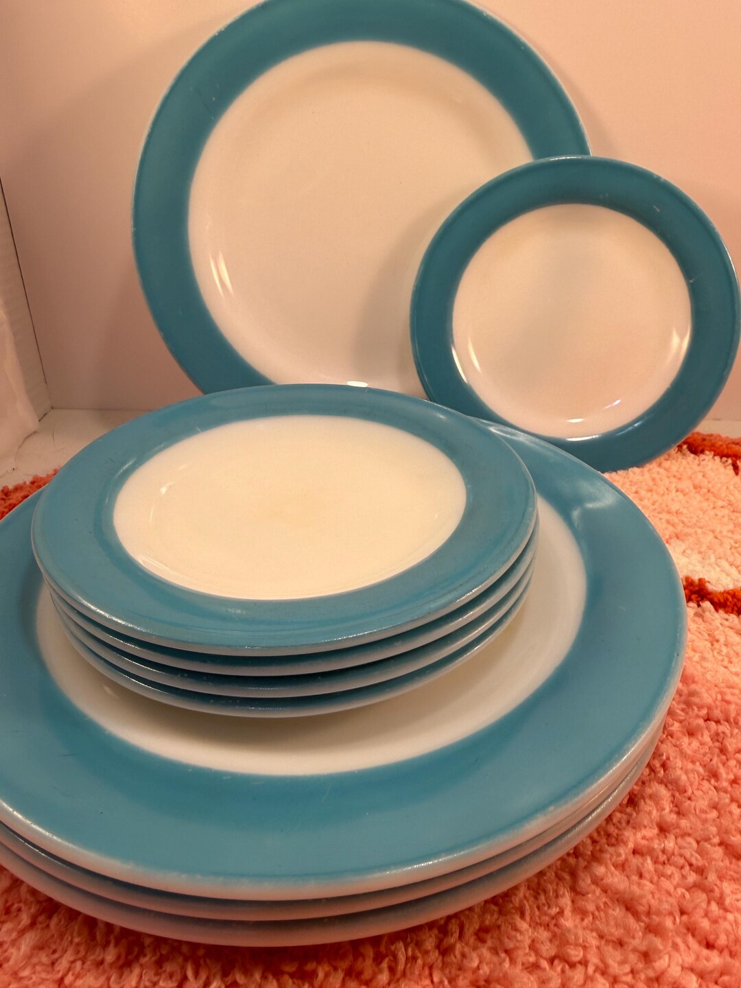 Vintage Pyrex Plate Set | Turquoise Blue Banded Milk Glass Dinnerware ...
