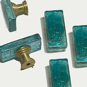 Sea Blue Glass Knobs With Golden Stems, Glittery Like the Ocean, Drawer ...