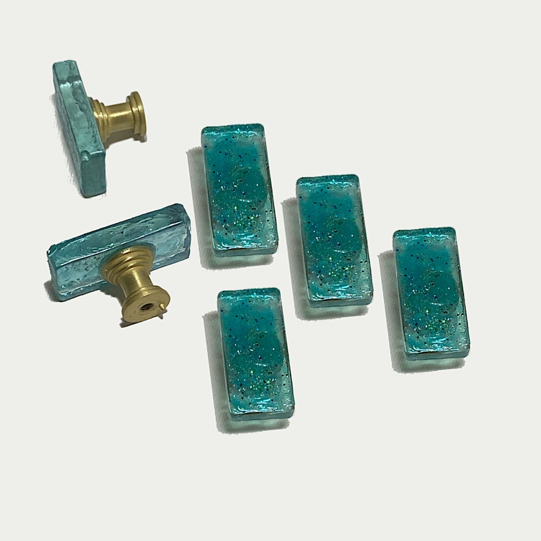 Sea Blue Glass Knobs With Golden Stems, Glittery Like the Ocean, Drawer ...