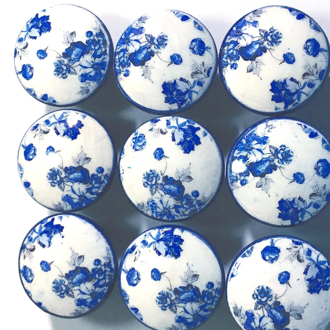 Blue Floral Cabinet Knobs, Vintage Cottage Drawer Pulls, French Country ...