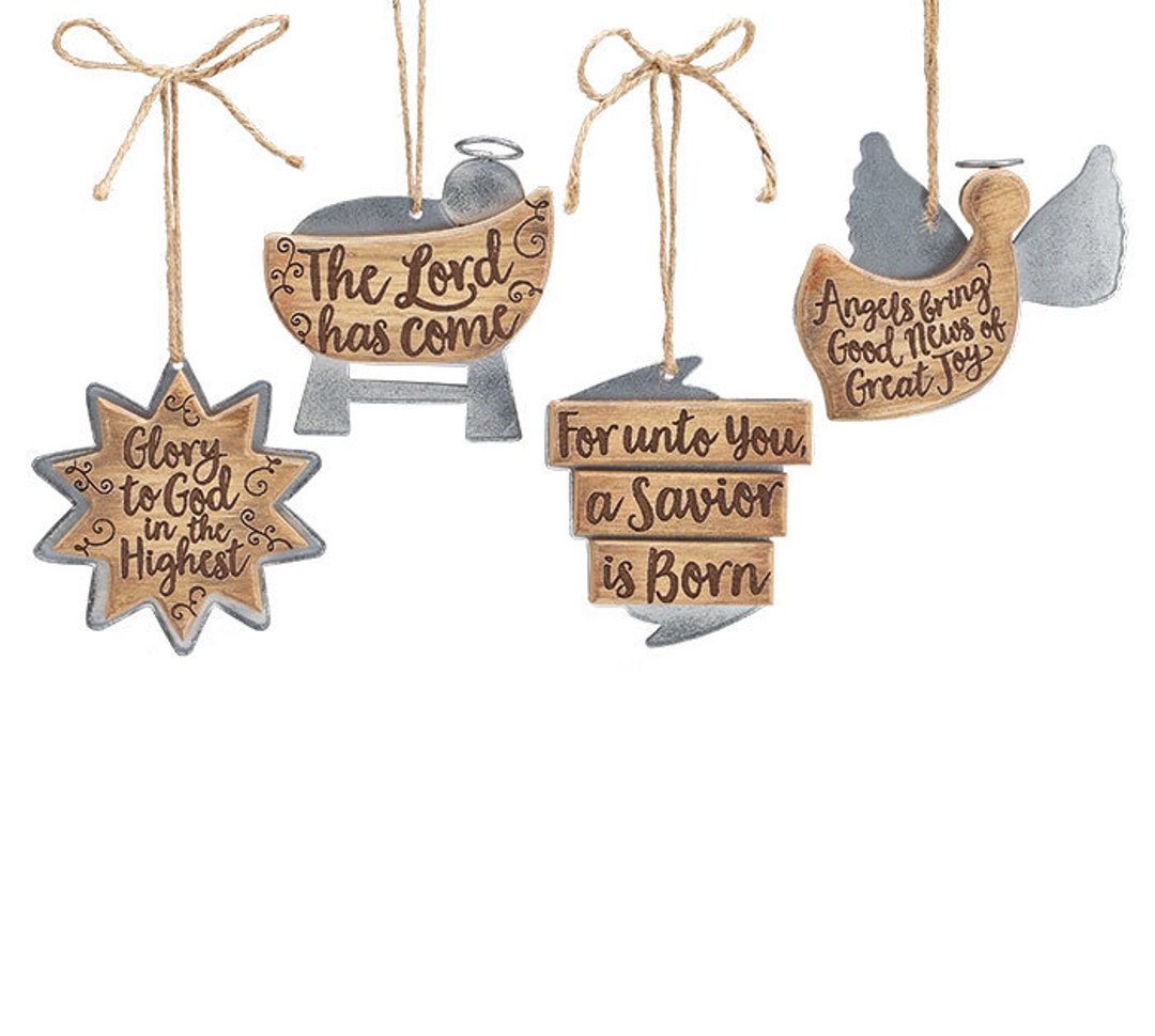 Wood & Tin Christmas Story Ornament, Manger, Angel, Scroll, Star ...