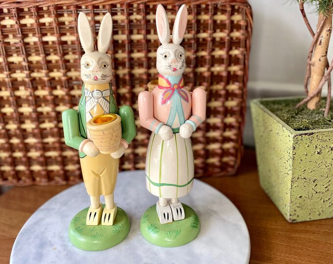 Vintage Folk Art Painted Bunny Rabbit Wood Candlestick Pair Vintage ...