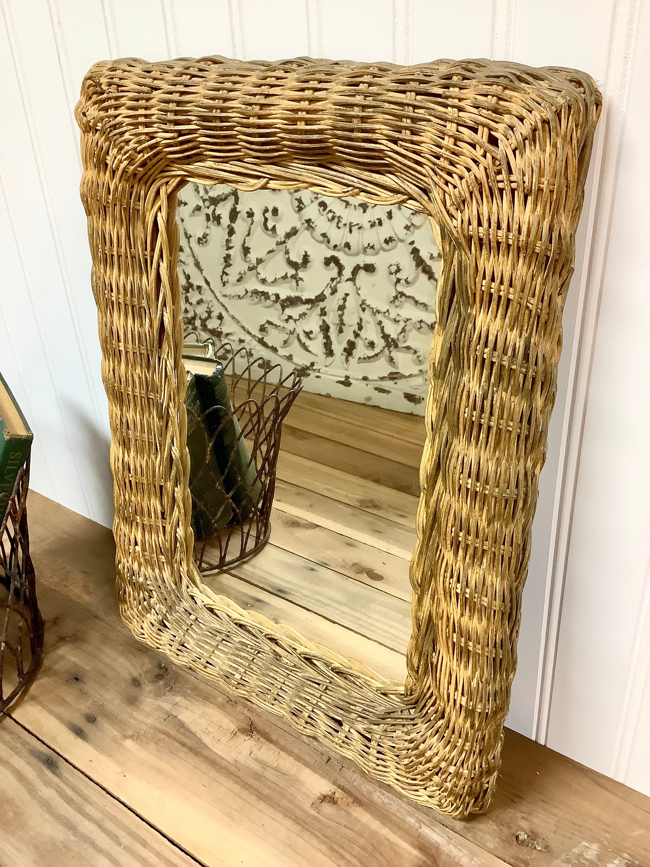 Wicker Frame Wall Mirror Vintage Wicker Coastal Grandmother - Etsy