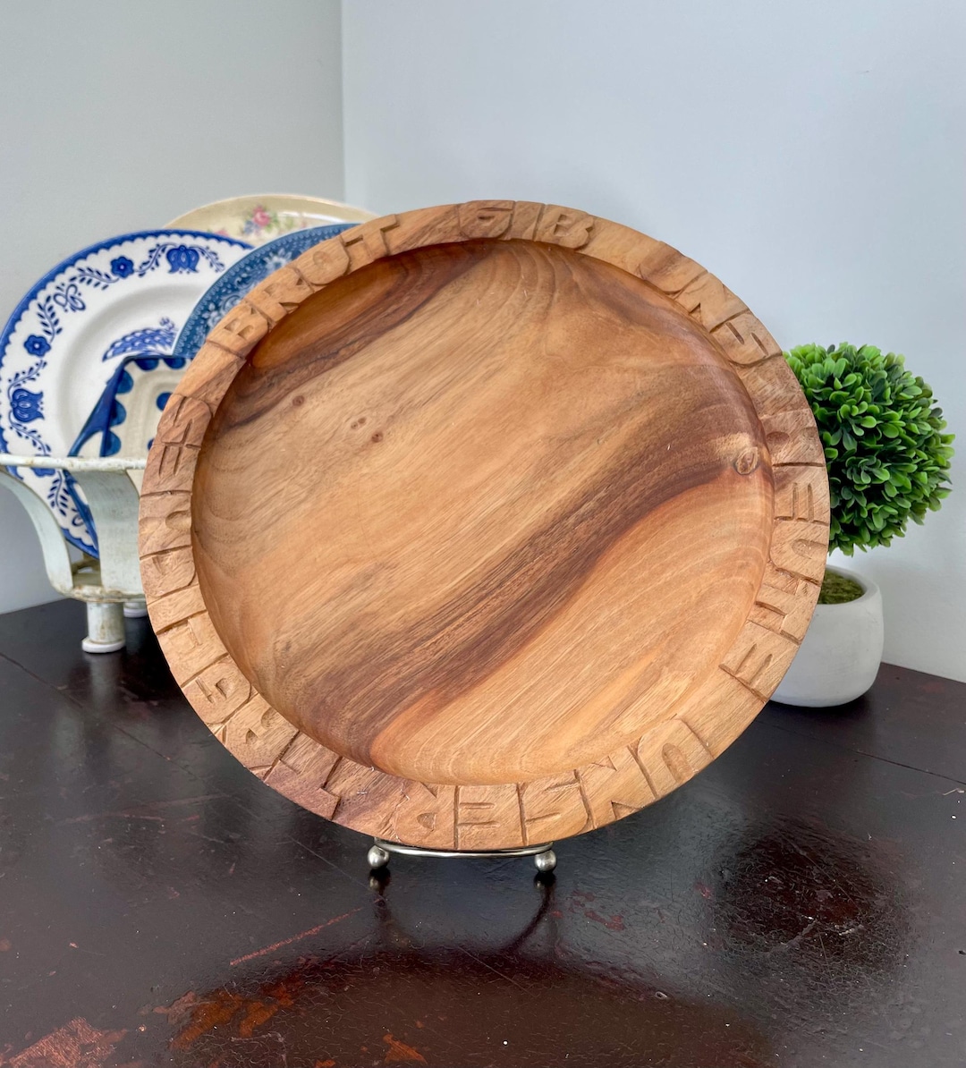 Vintage Carved Wooden Bread Plate; European Give Us Our Daily Round ...
