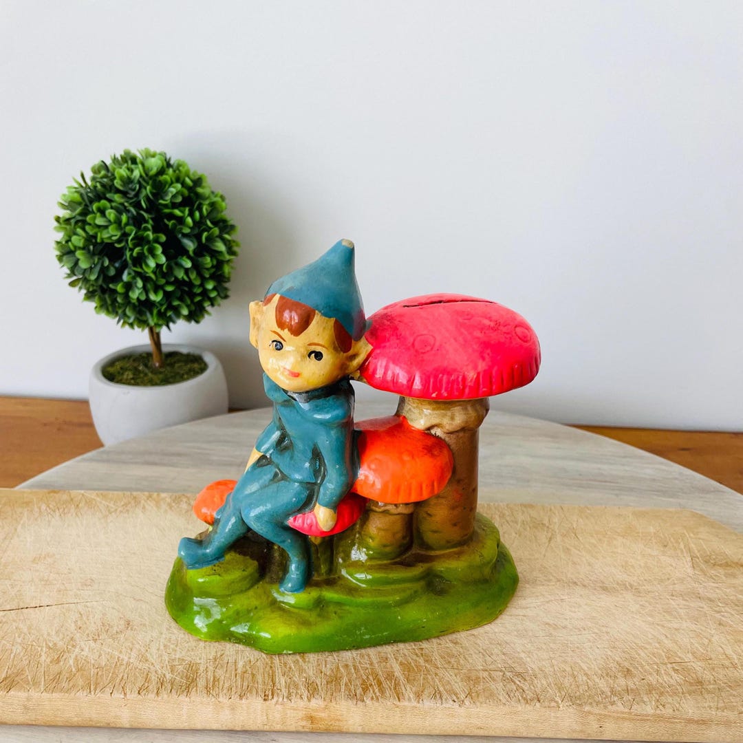 Vintage Pixie and Mushroom Ceramic Coin Bank; 1970s Pixie Elf Figurine ...