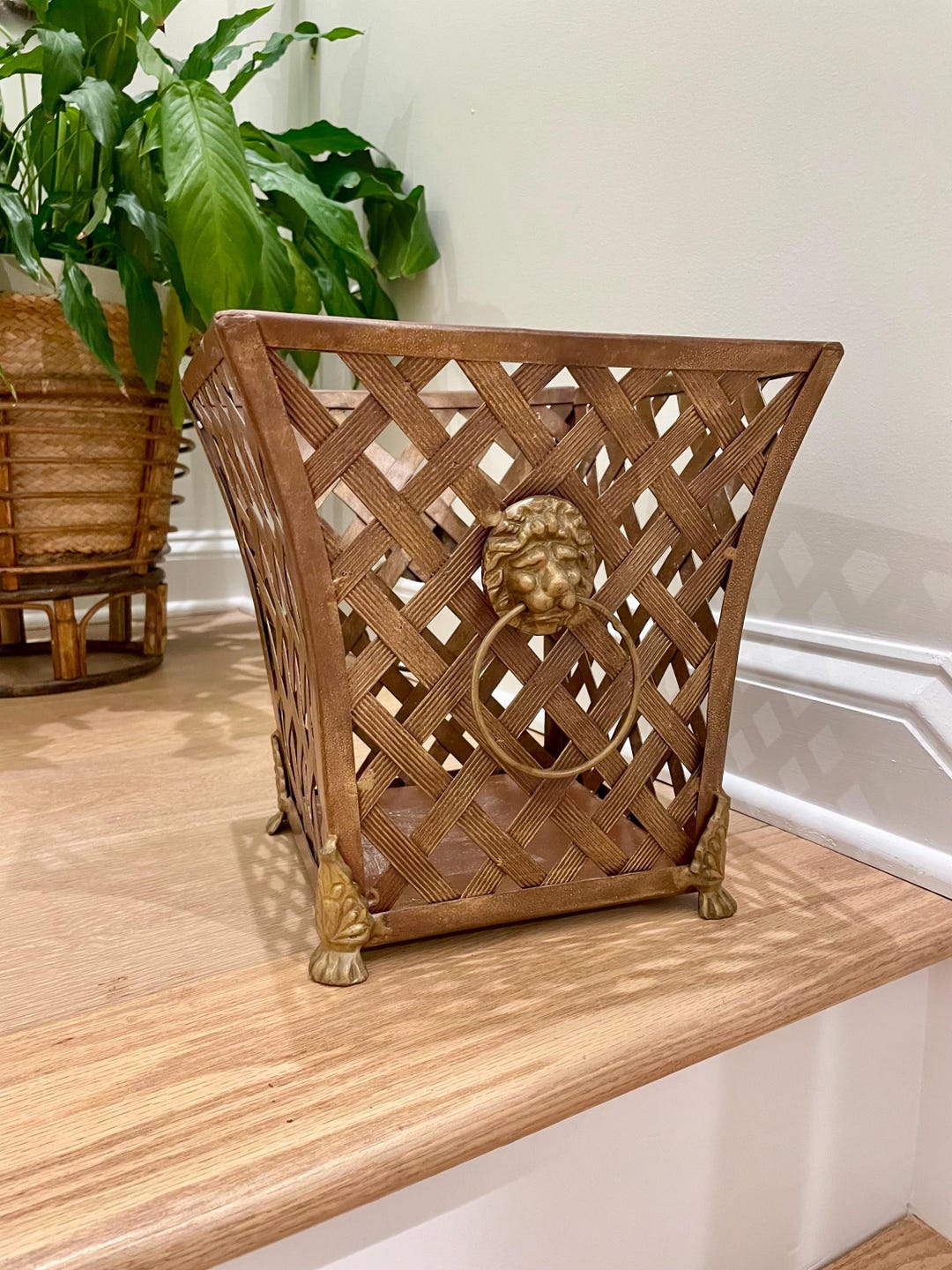 Vintage Lattice Woven Metal and Brass Footed Cachepot; Mid Century Lion ...