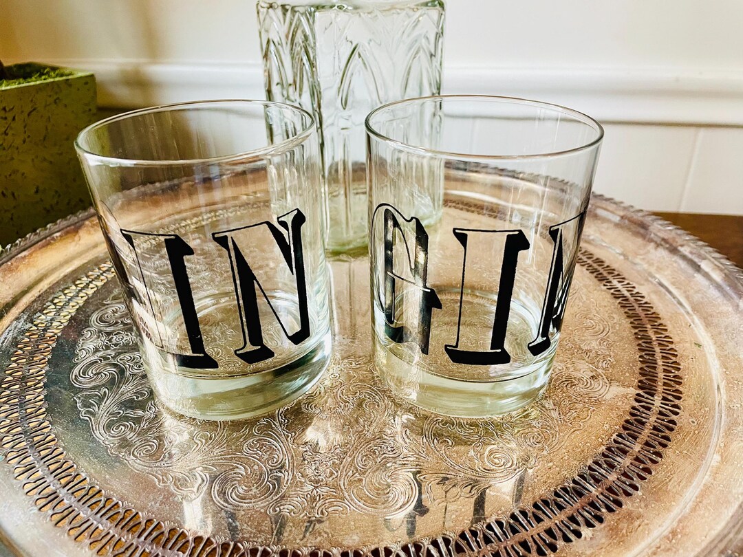 Vintage GIN Typography Cocktail Glass Pair; Mid Century Modern Glass ...