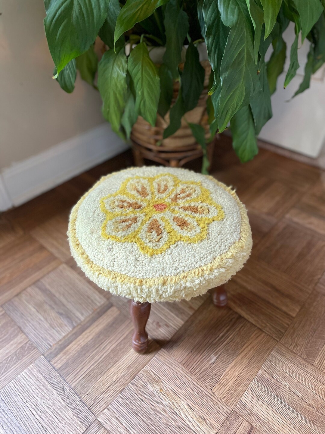 Vintage Hand Hooked Round Footstool; Primitive Farmhouse Footstool ...