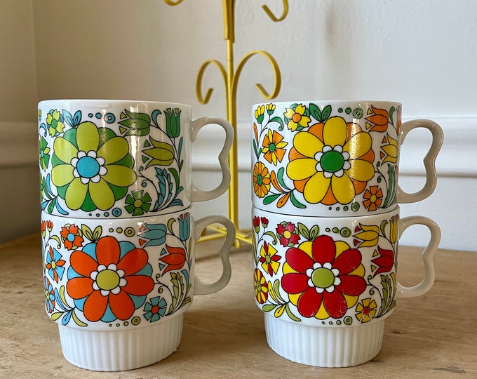 Vintage Set of 4 Stacking Flower Pedestal Mugs Mid Century Porcelain ...