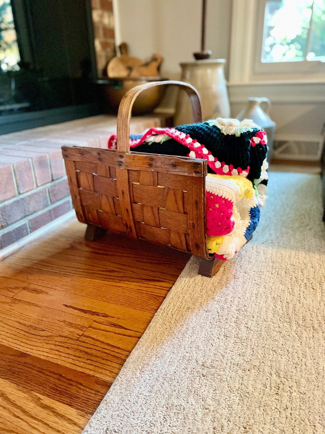 Antique Primitive Oak Bentwood Fireside Basket Vintage Kindling Log ...