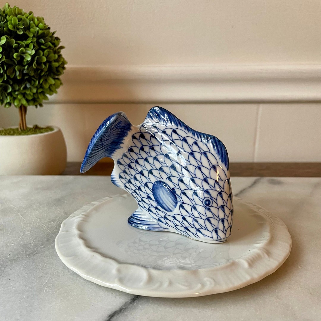 Vintage Andrea by Sadek Hand Painted Fishnet Porcelain Fish Blue and ...