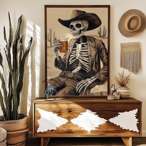 Cowboy Skeleton and His Beer Poster, Western Bar Wall Art, Gift for Him ...