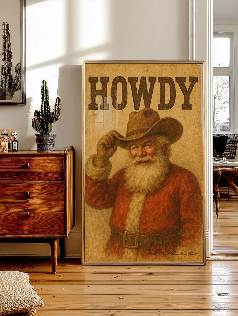 Vintage Western Santa Poster HOWDY Cowboy Christmas Wall Art – Rustic ...