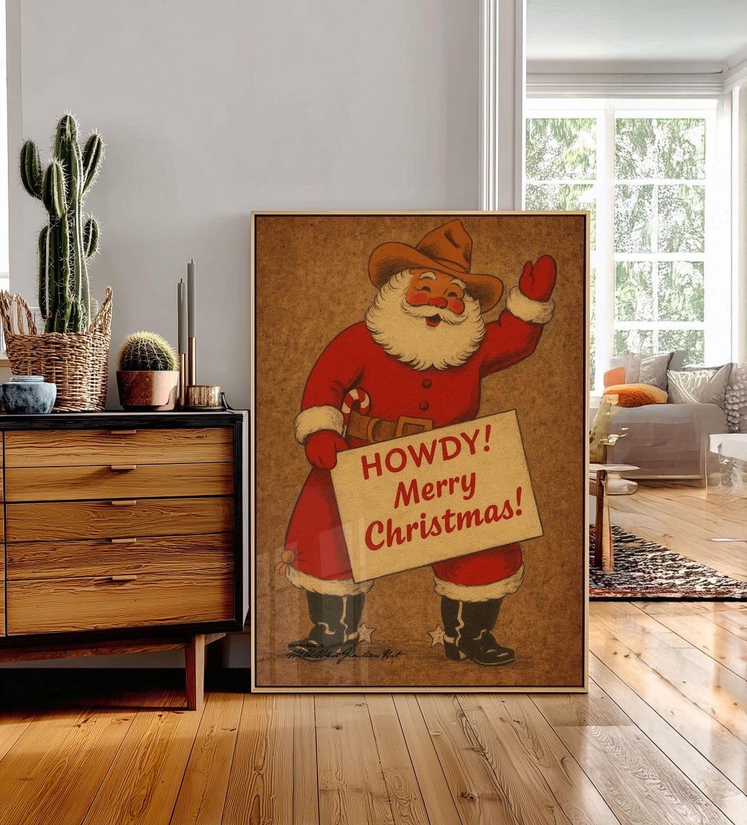 Vintage Western Cowboy Santa Poster HOWDY Merry Christmas Wall Art ...