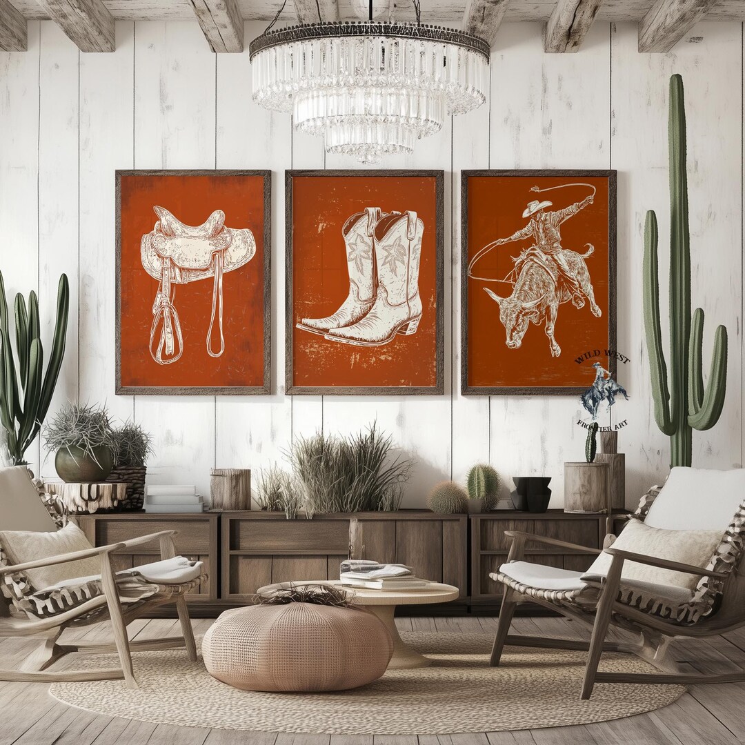 Western Room 3 Orange Poster Set, Gift for Her, Cowboy Wall Art, Texas ...
