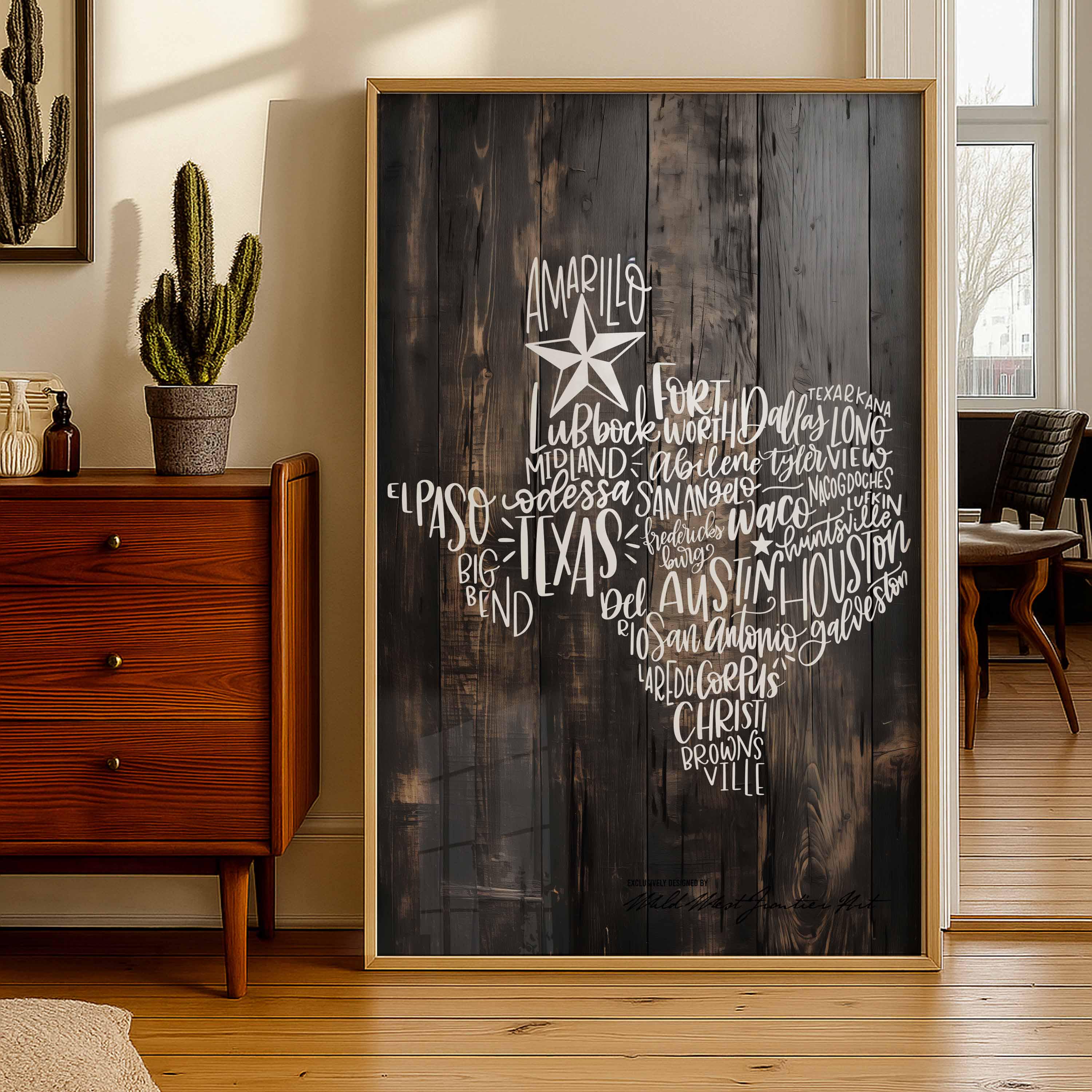 Texas Typography Map Poster on Rustic Wood Background – Modern ...