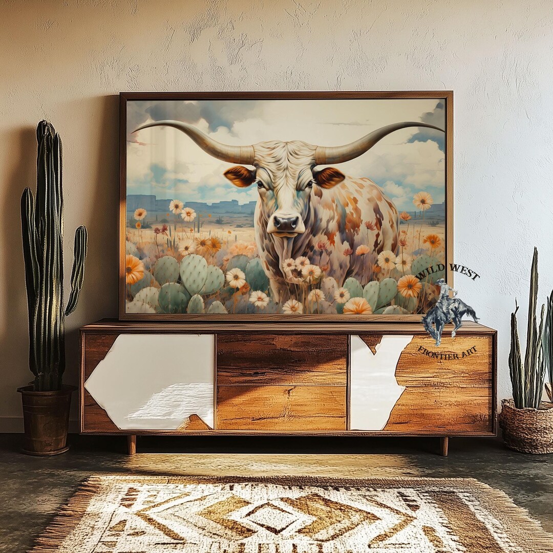 Longhorn Bull Cactus Floral, Western Room POSTER, Gift for Her, Cowboy ...