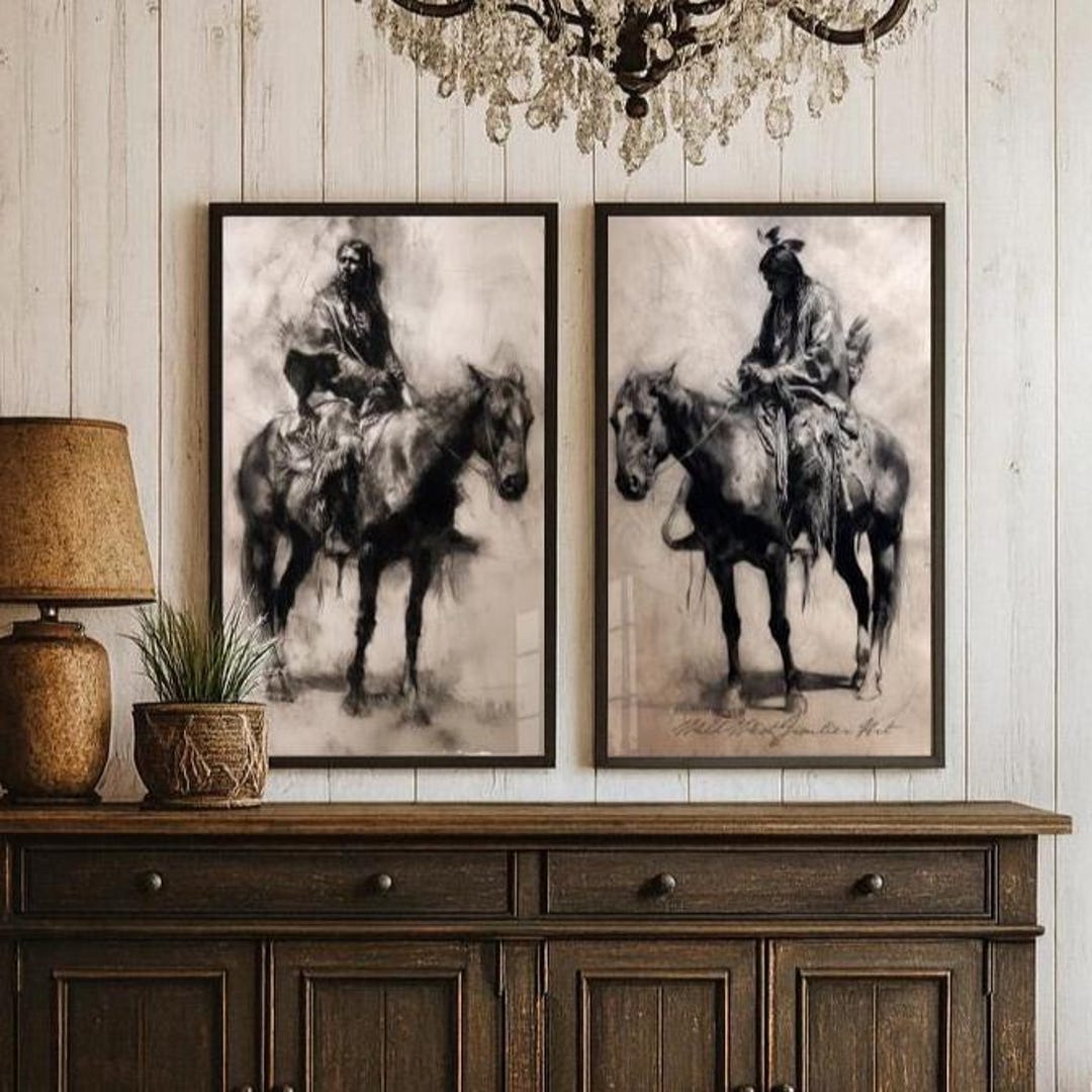 Native American Ink Portrait Duo – Tribal Horseback Art Prints, Western ...