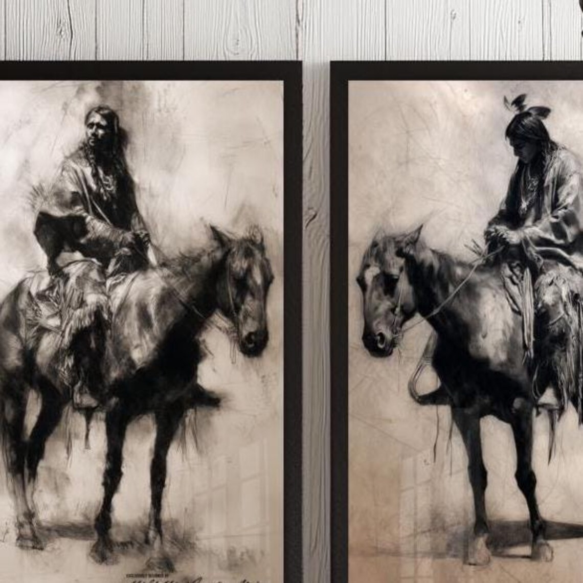 Native American Ink Portrait Duo – Tribal Horseback Art Prints, Western ...