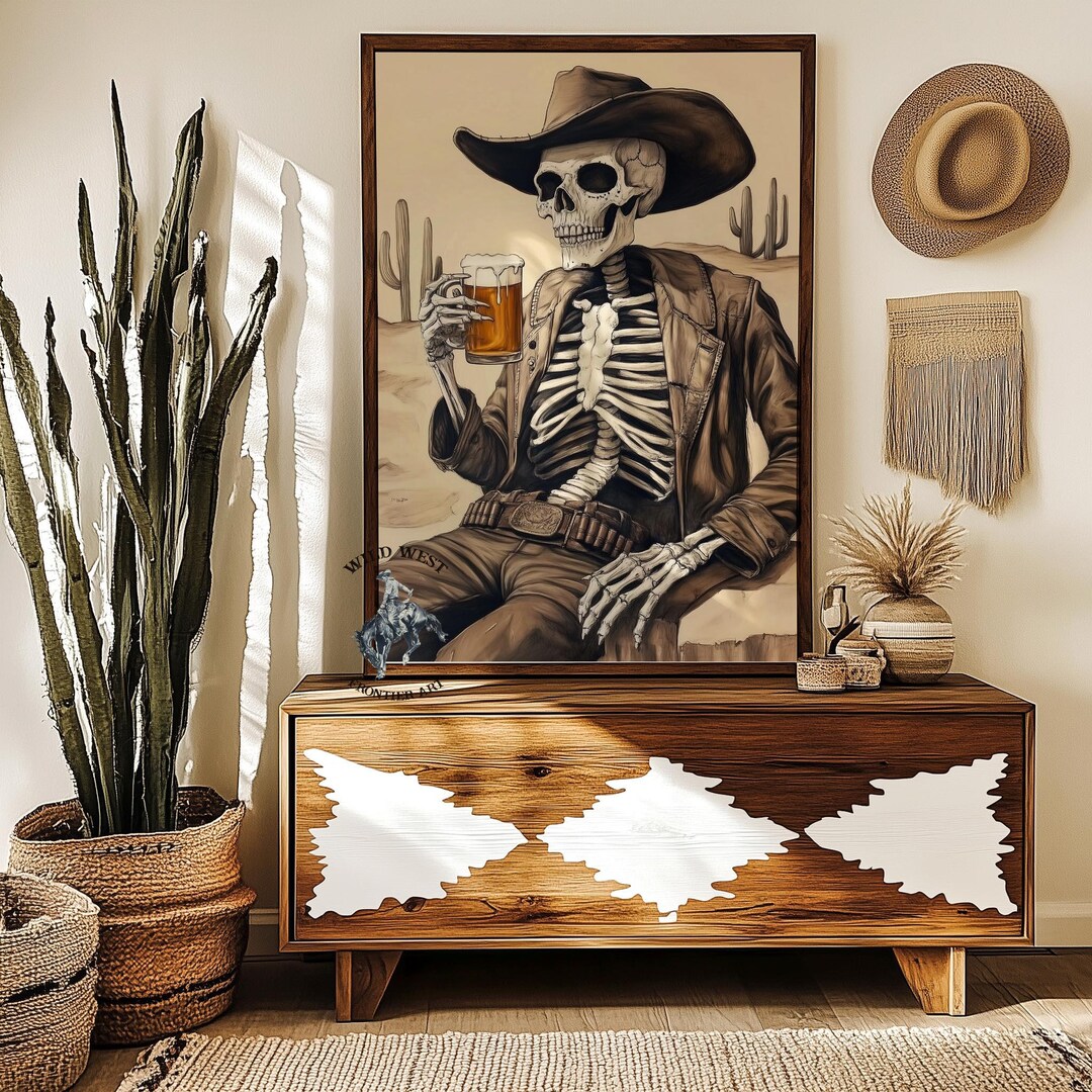 Cowboy Skeleton Beer Poster: Western Halloween Art Print - Etsy