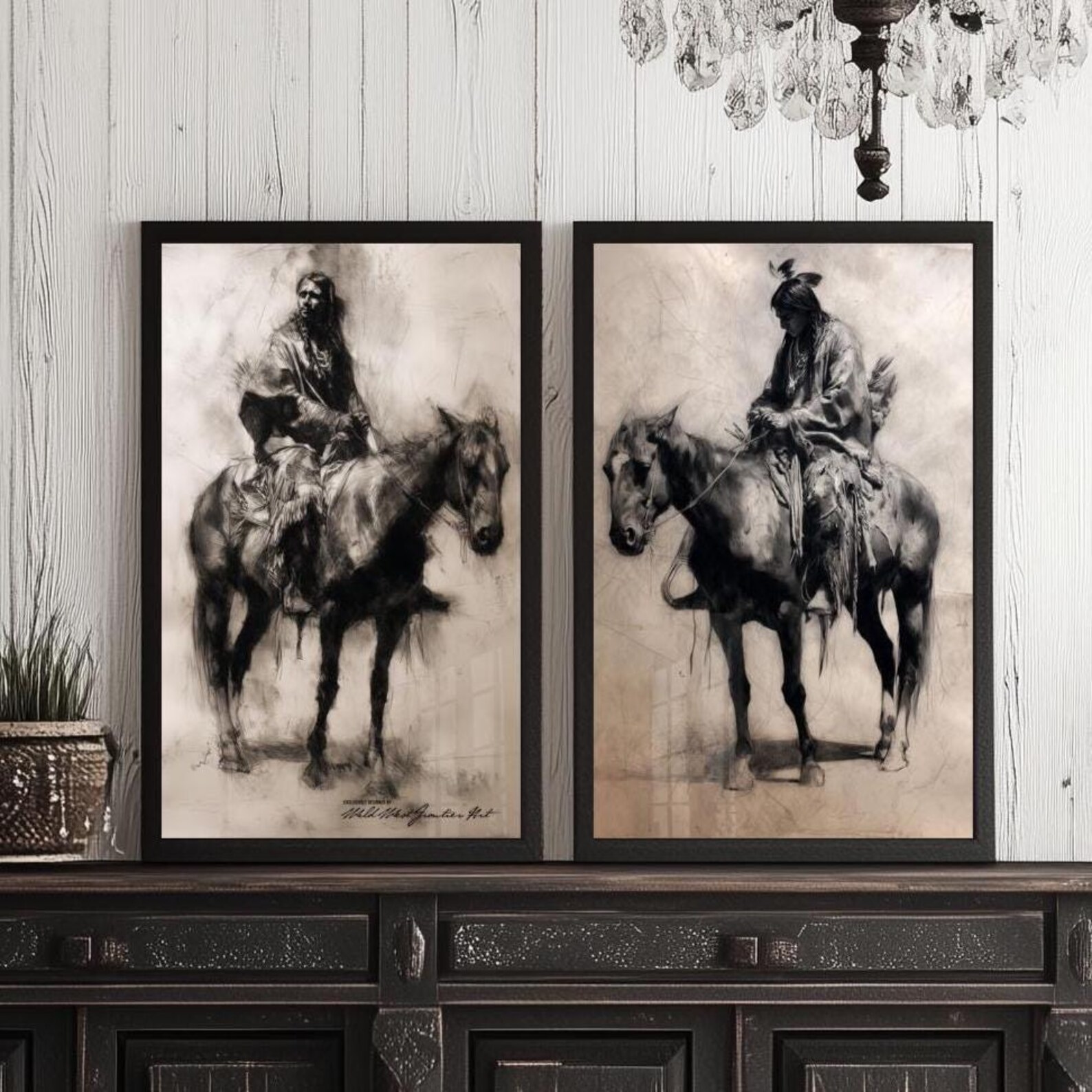 Native American Ink Portrait Duo – Tribal Horseback Art Prints, Western ...