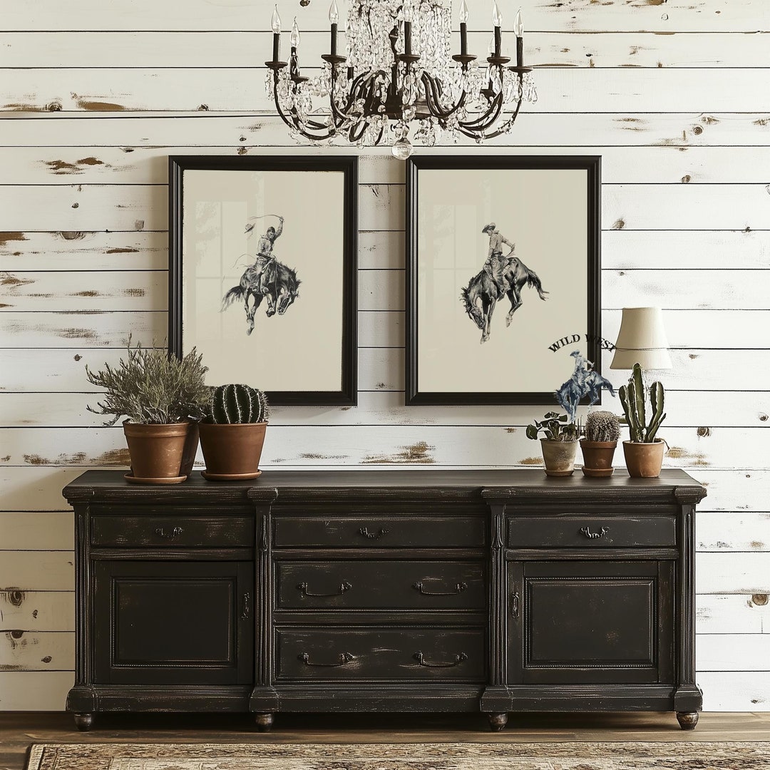Western Room Poster Set, Bucking Bronco, Gift for Her, Cowboy Wall Art ...