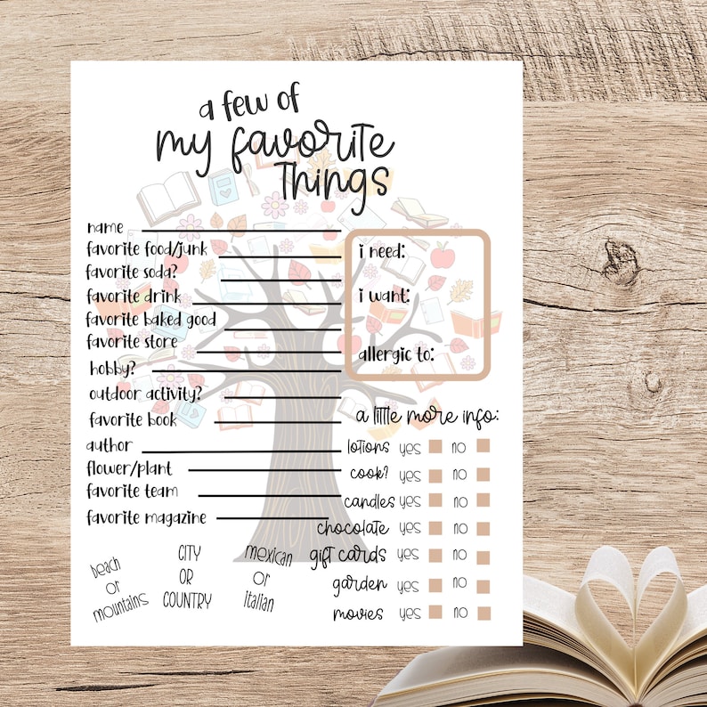 Favorite Things Questionnaire/secret Sister Questionnaire/book Themed ...