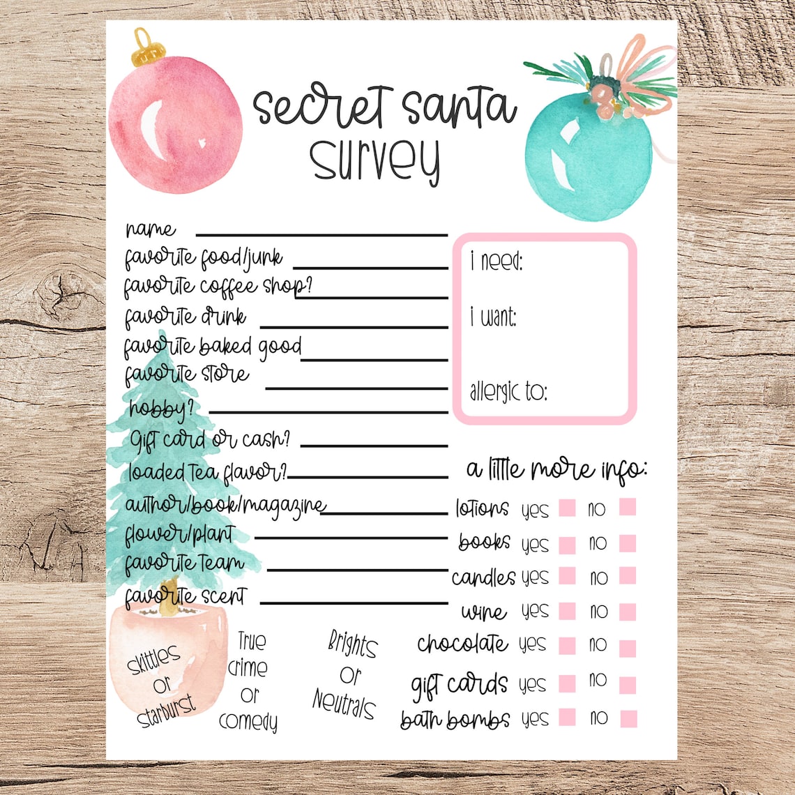 Printable Secret Santa Questionnaire for Gift Exchange/christmas Secret ...