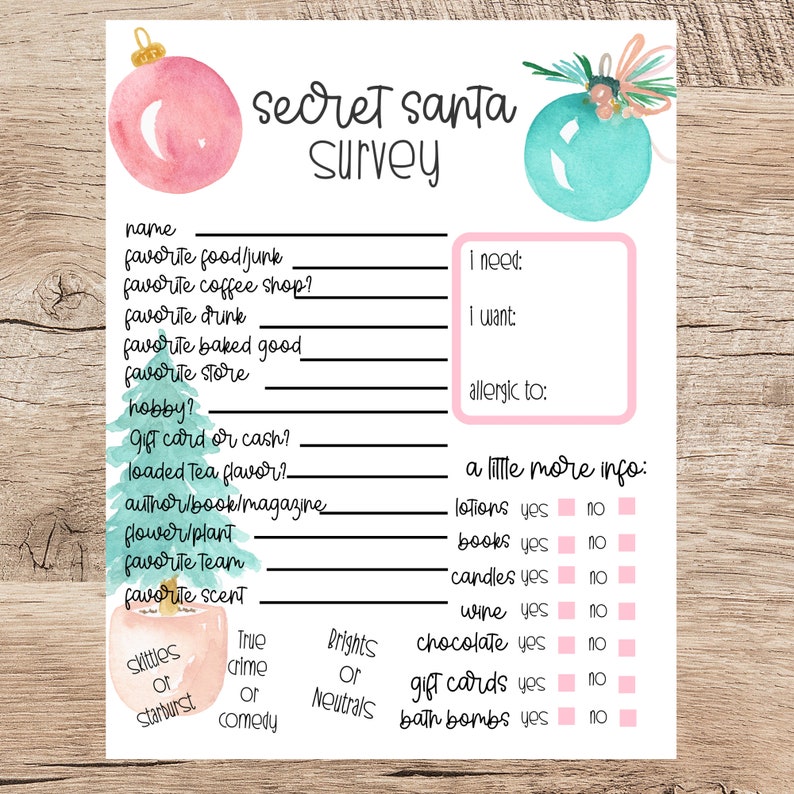 Secret Santa Questionnaire Printable: Christmas Gift Exchange (digital ...