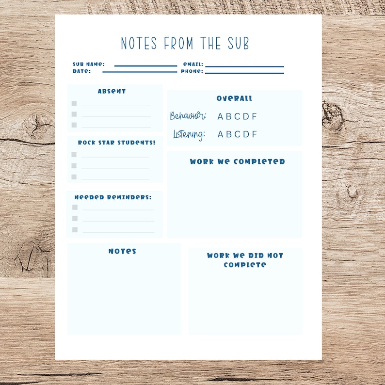 Substitute Teacher Note Template: Editable Form (digital Download) - Etsy