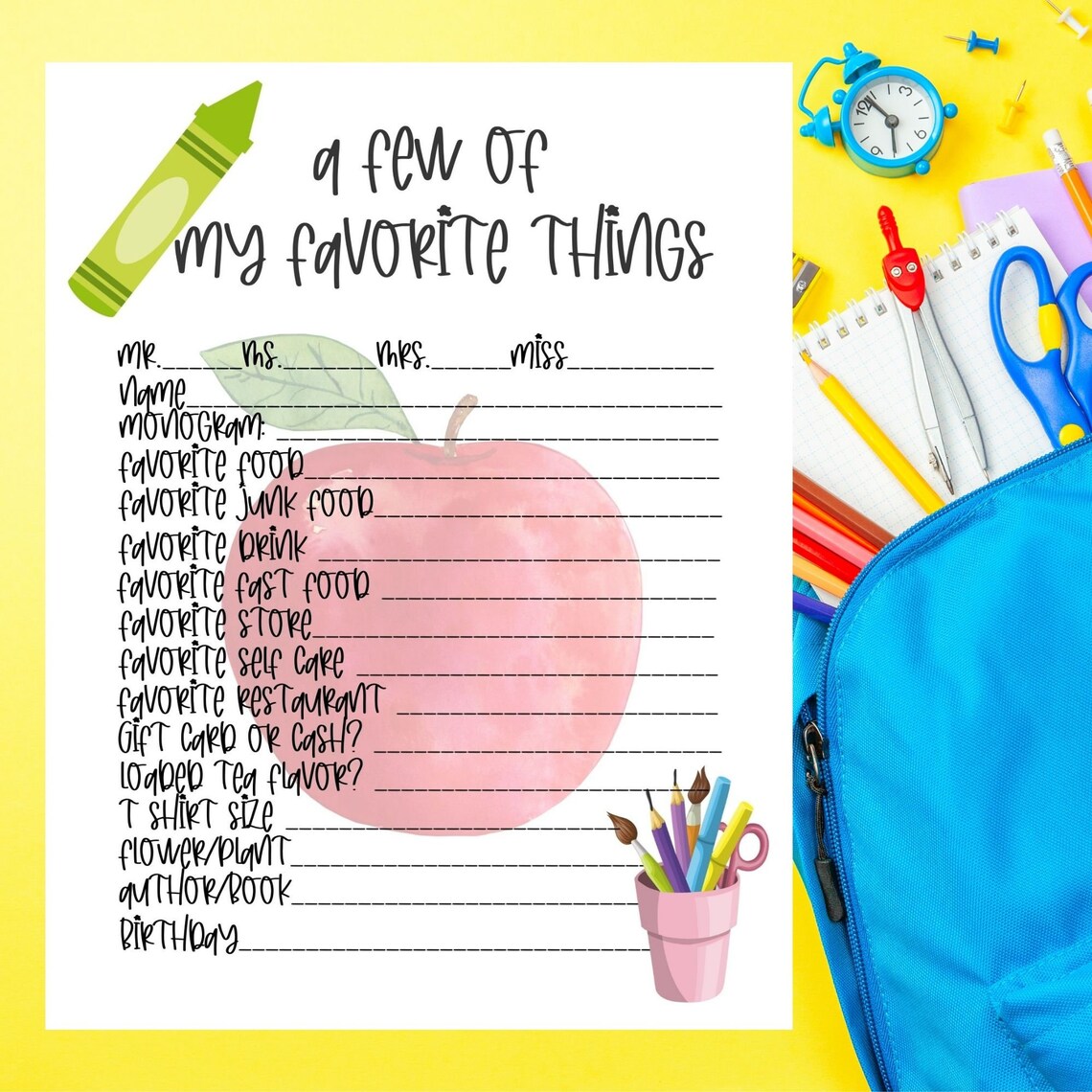 Teacher Favorite Things Form/teacher Appreciation Gift /teacher's ...