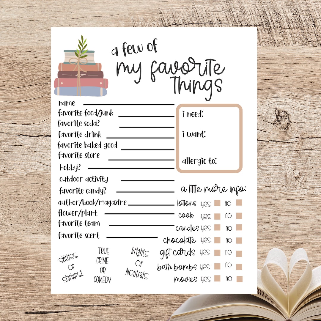 Favorite Things Questionnaire/secret Sister Questionnaire/book Themed ...