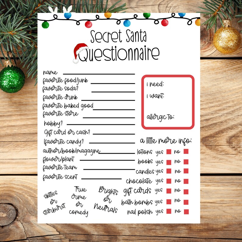 Secret Santa Survey: Favorite Things Questionnaire (digital Download ...